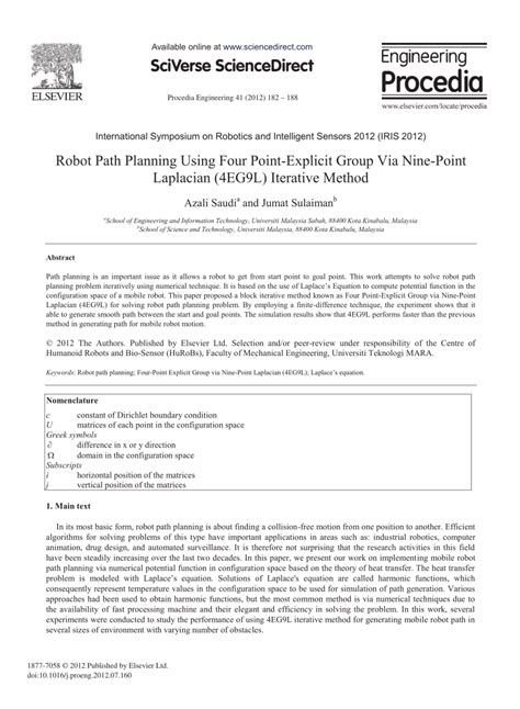 pdf robot path planning using four point explicit group via nine point laplacian 4eg9l