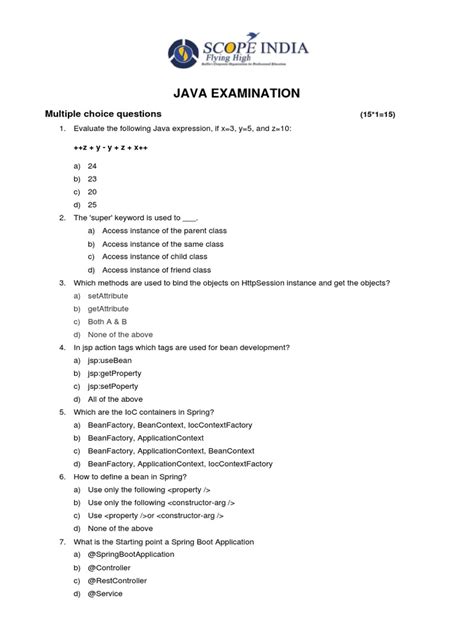 java examination multiple choice questions pdf class computer programming inheritance