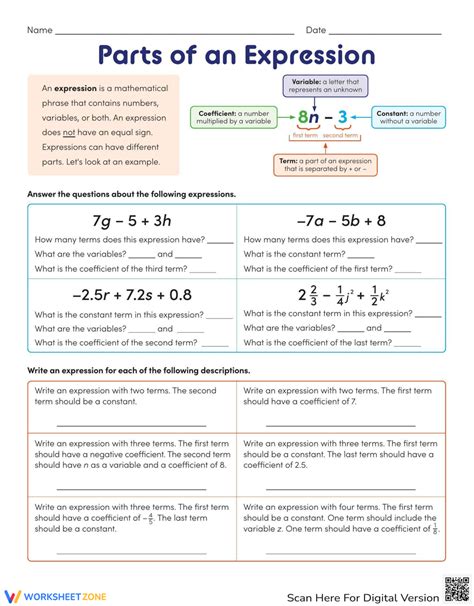 Parts Of An Expression Worksheet