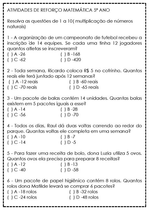 Atividades Para O Ano De Matematica