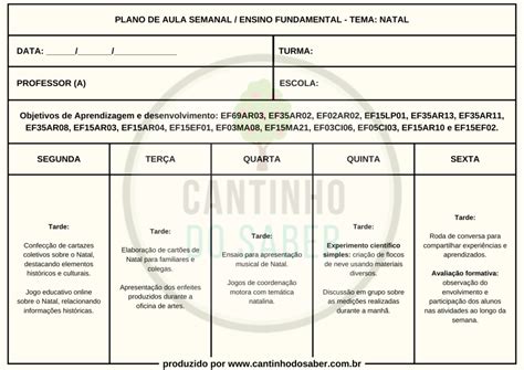 PLANEJAMENTO SEMANAL PARA O NATAL DO ENSINO FUNDAMENTAL ALINHADO A BNCC