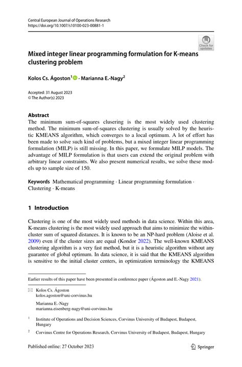 pdf mixed integer linear programming formulation for k means clustering problem