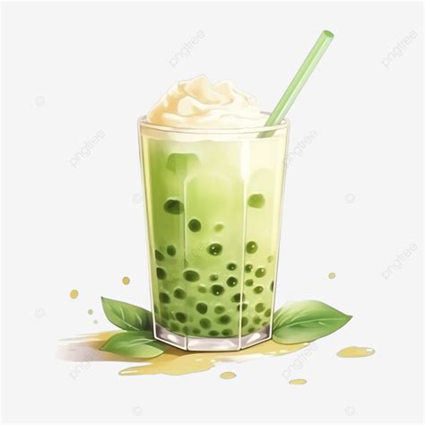 Matcha Latte Milk Tea With Bubble Composition Watercolor Green Tea