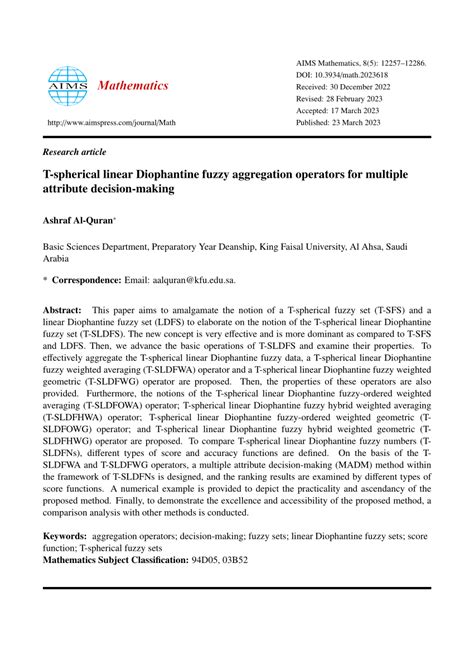pdf t spherical linear diophantine fuzzy aggregation operators for multiple attribute decision