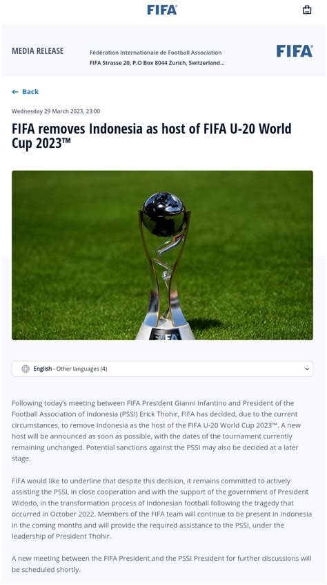 FIFA Resmi Membatalkan Indonesia Sebagai Tuan Rumah Piala Dunia U 20