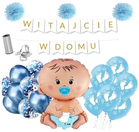 BALONY WITAJCIE W DOMU BANER POWITALNY DLA CHŁOPCA NA NARODZINY NAPIS