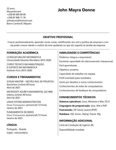 Curr Culo Simples Para Primeiro Emprego