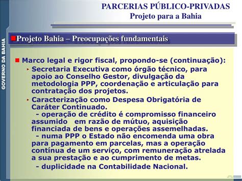 PPT PARCERIAS PÚBLICO PRIVADAS Projeto para a Bahia PowerPoint
