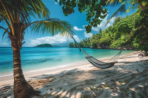 Premium Photo A Hammock Between Two Palm Trees On A Beach