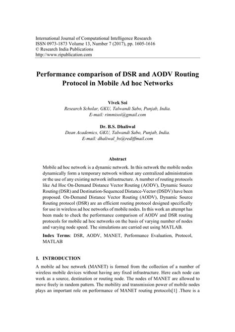 pdf performance comparison of dsr and aodv routing protocol in mobile ad hoc networks
