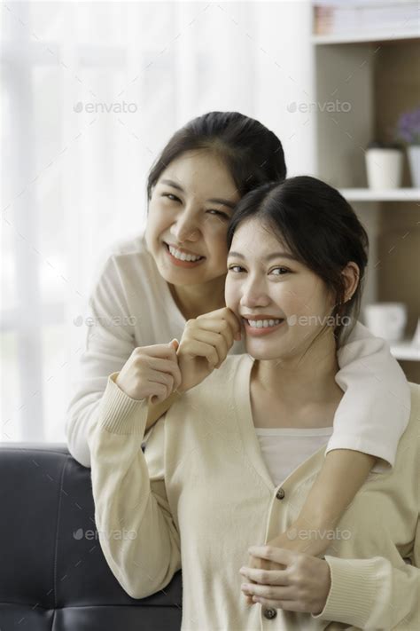 Asian Lesbian Couple Lgbtq Happy Two Young Asia Women Showing Love And Romance Together At