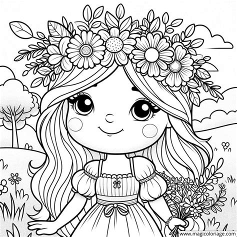Página para colorear de princesa con corona de flores para jardín de