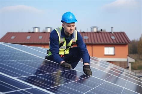 Homem trabalhador instalando painéis solares fotovoltaicos no telhado