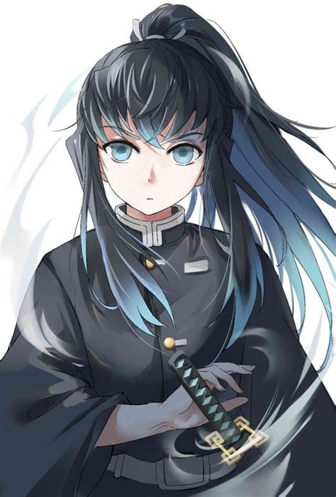 Demon Slayer Muichiro Tokito Wearing Black Dress With Long Black Hair