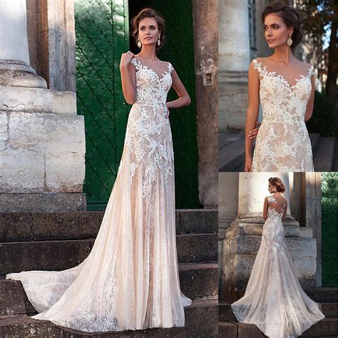 Fabulous Tulle Bateau Neckline Sheath Nude Wedding Dresses With Color