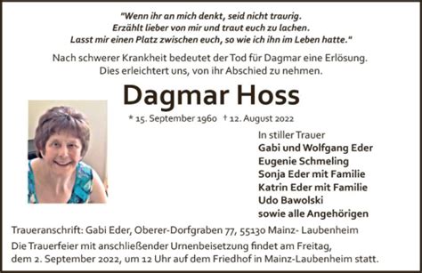 Traueranzeigen Von Dagmar Hoss Vrm Trauer De