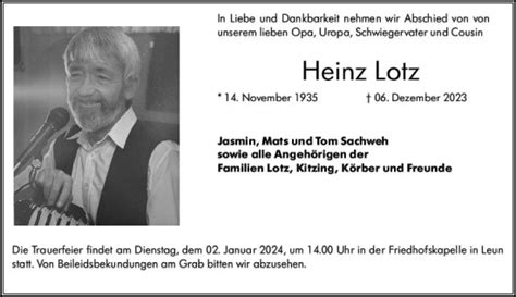Traueranzeigen Von Heinz Lotz Vrm Trauer De