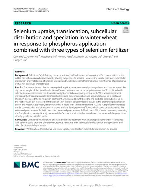 pdf selenium uptake translocation subcellular distribution and speciation in winter wheat in