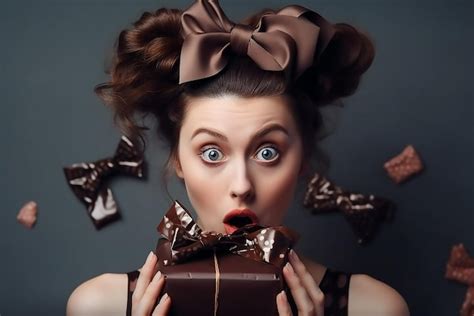 Une Femme Avec Une Boîte De Chocolats Dans Sa Bouche Photo Premium