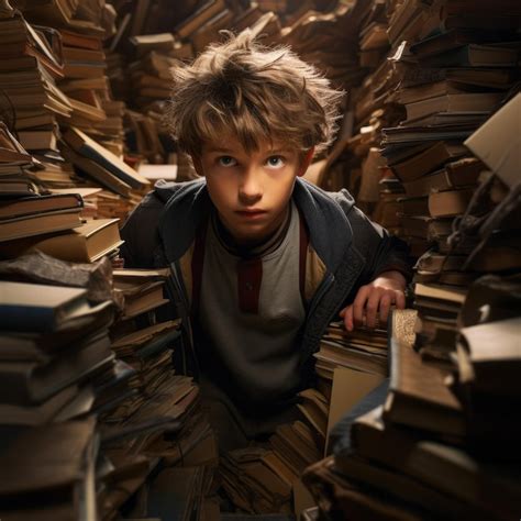 Un niño perdido en el laberinto de libros gigantes Foto Premium