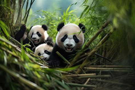 Premium AI Image Panda Cubs Tumble Playfully In A Bamboo Thicket