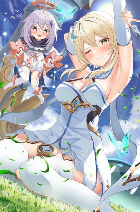 Lumine Paimon And Crystalfly Genshin Impact Drawn By Lolipop