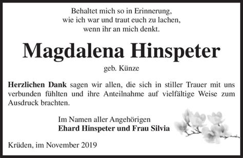 Traueranzeigen von Magdalena Hinspeter geb Künze abschied