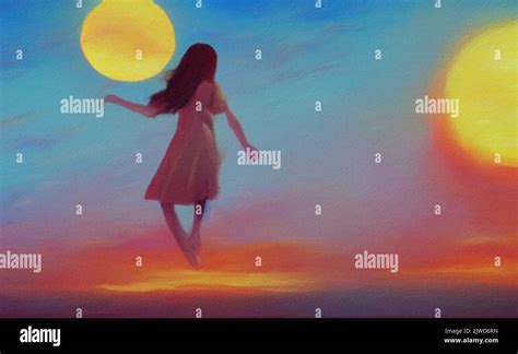 Ilustración de arte de fantasía de la niña montando en la silueta del