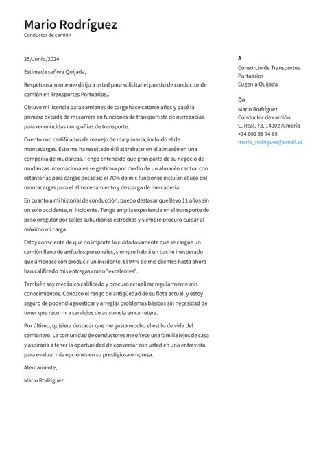 Ejemplo de carta de presentación de conductor de camión Gratis cvapp es