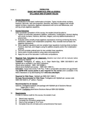 Fillable Online Ww2 Nscc Credits 3 DSPM 0700 BASIC MATHEMATICS PRE