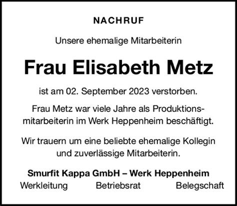 Traueranzeigen Von Elisabeth Metz Vrm Trauer De