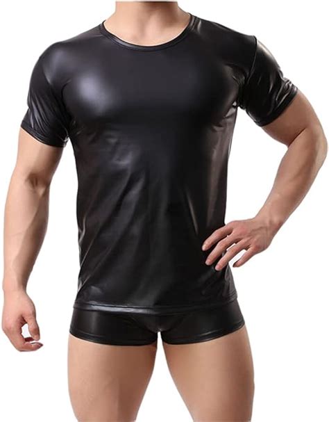 Herren PVC Oberteile Sexy Kurzarm Latex T Shirt Stretch Leder Hemd Tops
