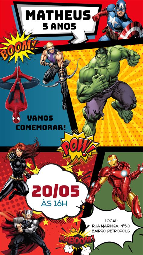 Convite Aniversário Vingadores Edite grátis nosso editor online