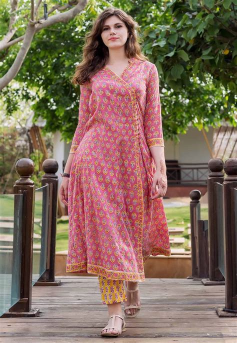 Block Printed Cotton Angrakha Style Kurta Set In Pink Simple Kurta