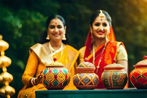 Two Women In Traditional Indian Clothing Are Holding Colorful Pots AI
