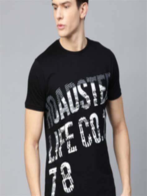 Buy Roadster Men Black White Printed Round Neck Pure Cotton T Shirt