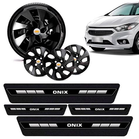 Kit 4 Calota E Soleira GM Onix Aro 14 Preta Brilhant Emb Pra CALOTA