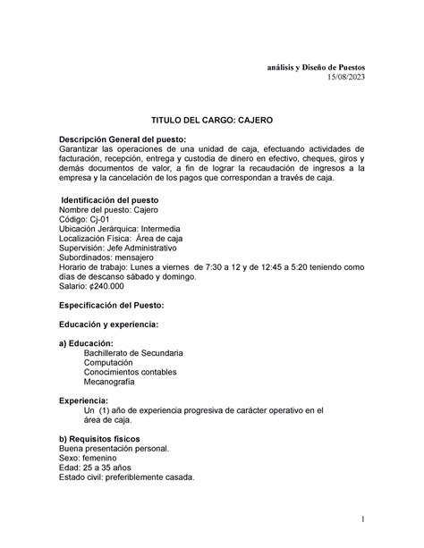167921934 Perfil De Puestos Del Cajero 15 08 TITULO DEL CARGO