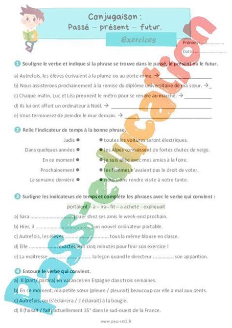 Passé présent futur Exercices de conjugaison pour le cm1 PDF à