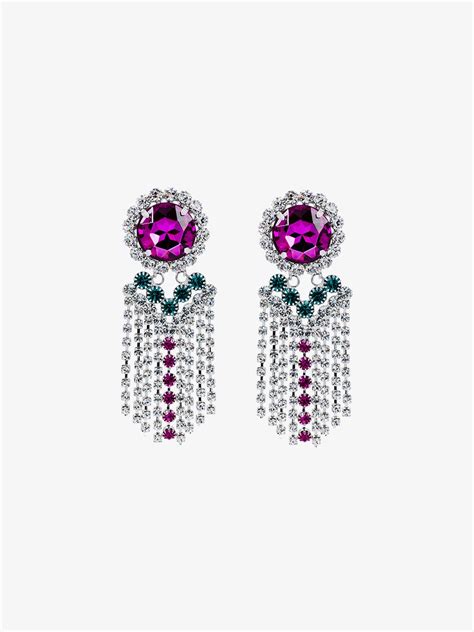 Alessandra Rich Large Fringe Crystal Embellished Clip On Earring Browns
