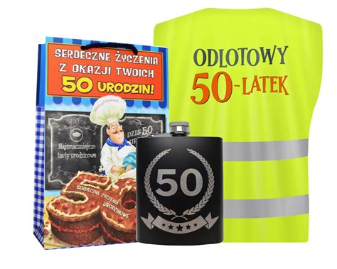Prezent na 50 Urodziny dla Faceta Kamizelka Piersiówka Śmieszny Zestaw