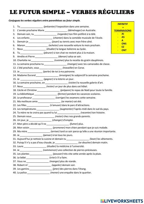 Le Futur Simple Verbes R Guliers Worksheet In French