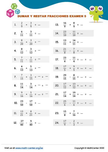 Sumar Y Restar Fracciones Examen 5 Pruebas Math Center