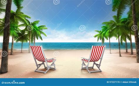 Duas Cadeiras De Plataforma Na Praia Tropical Arenosa Ilustração Stock