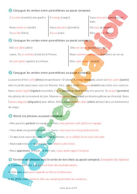 Le passé composé bilan Exercices de conjugaison pour le ce2 PDF à