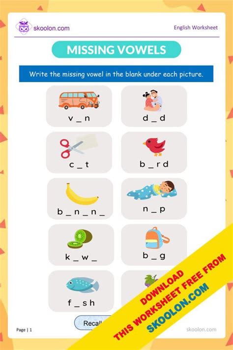Missing Vowel Worksheet 1 Skoolon