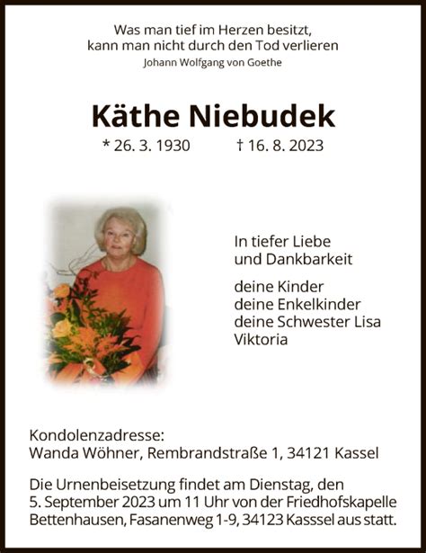 Traueranzeigen von Käthe Niebudek Trauer HNA de
