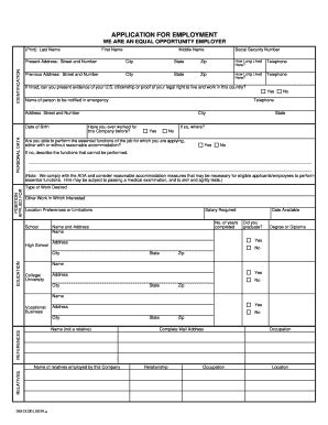 Fillable Online APPLICATION FOR EMPLOYMENT WE ARE AN EQUAL OPPORTUNITY
