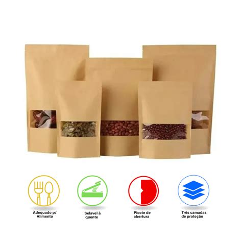 Saco Stand Up Pouch Papel Kraft Visor Fecho Ziplock Aster Variedades