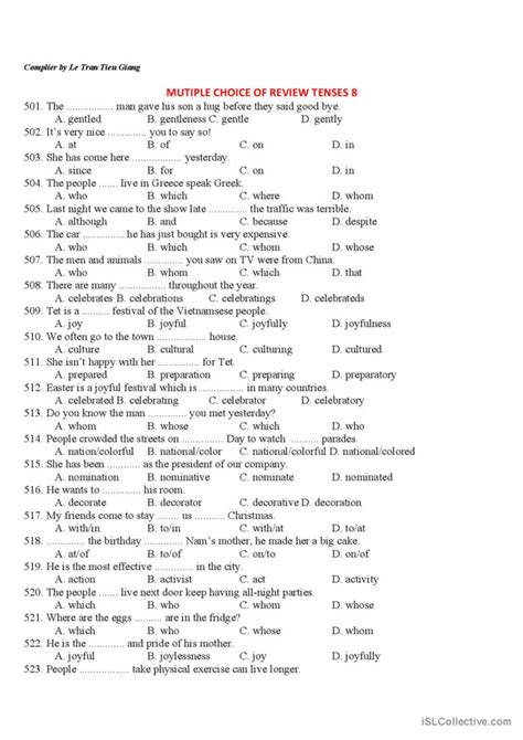 Multiple Choice Of Review Of Tenses English Esl Worksheets Pdf Doc